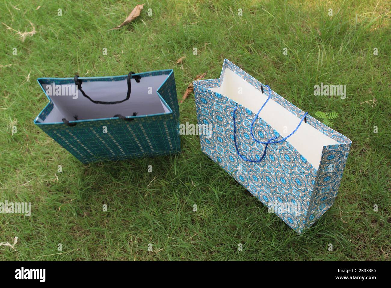 Colorful Paper Shopping bags are isolated on a green natural background ...