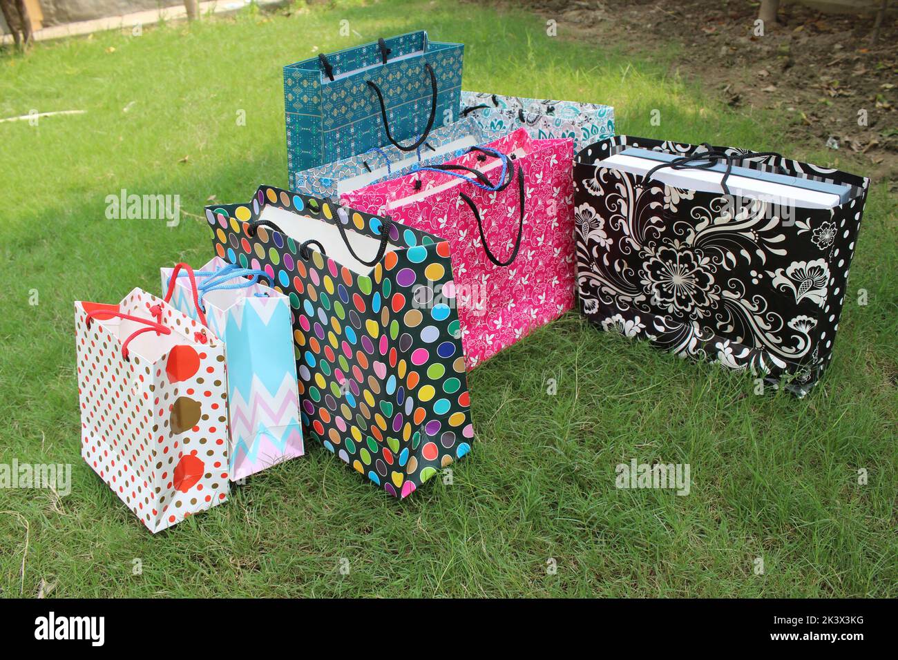 Colorful Paper Shopping bags are isolated on a green natural background ...