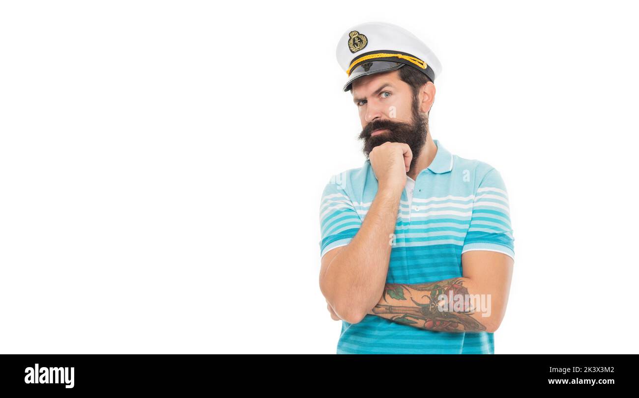 Bearded man thinking isolated on white. Thoughtful man wearing captain ...