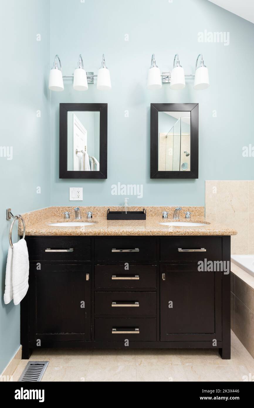 Light Blue And Brown Bathroom