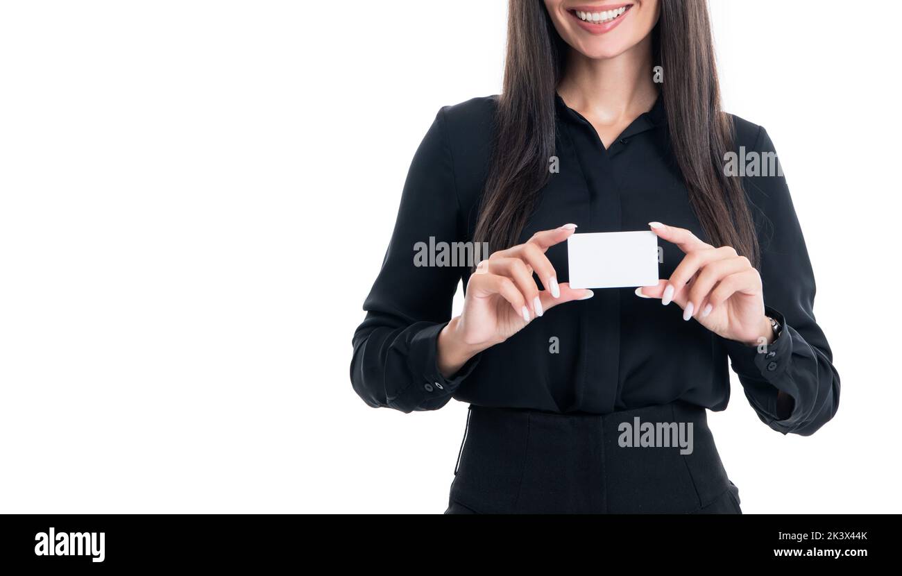 Banker holding debit credit bank card. Businesswoman showing business ...