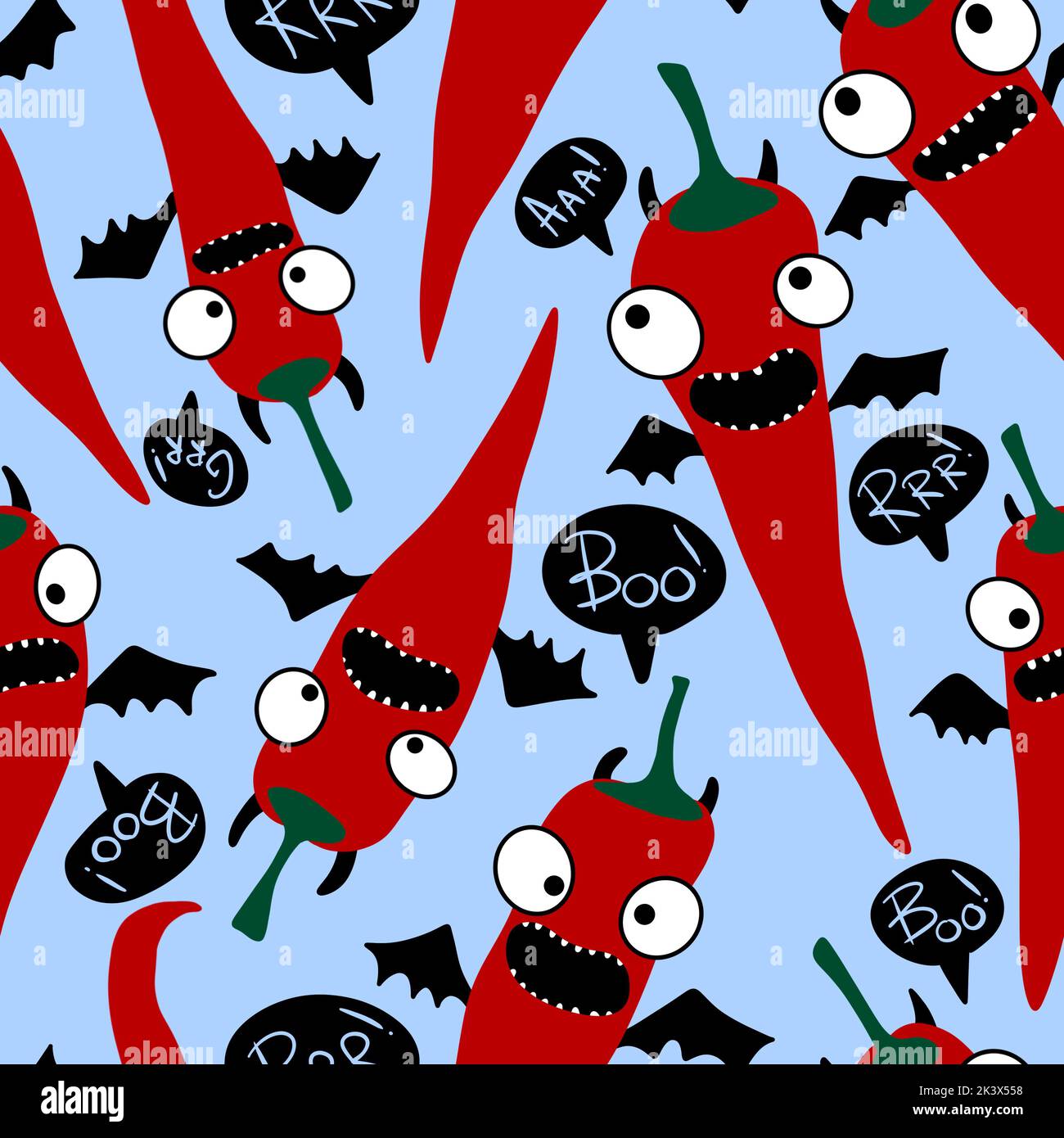 Cartoon vegetable seamless vampire Halloween red hot pepper pattern for ...