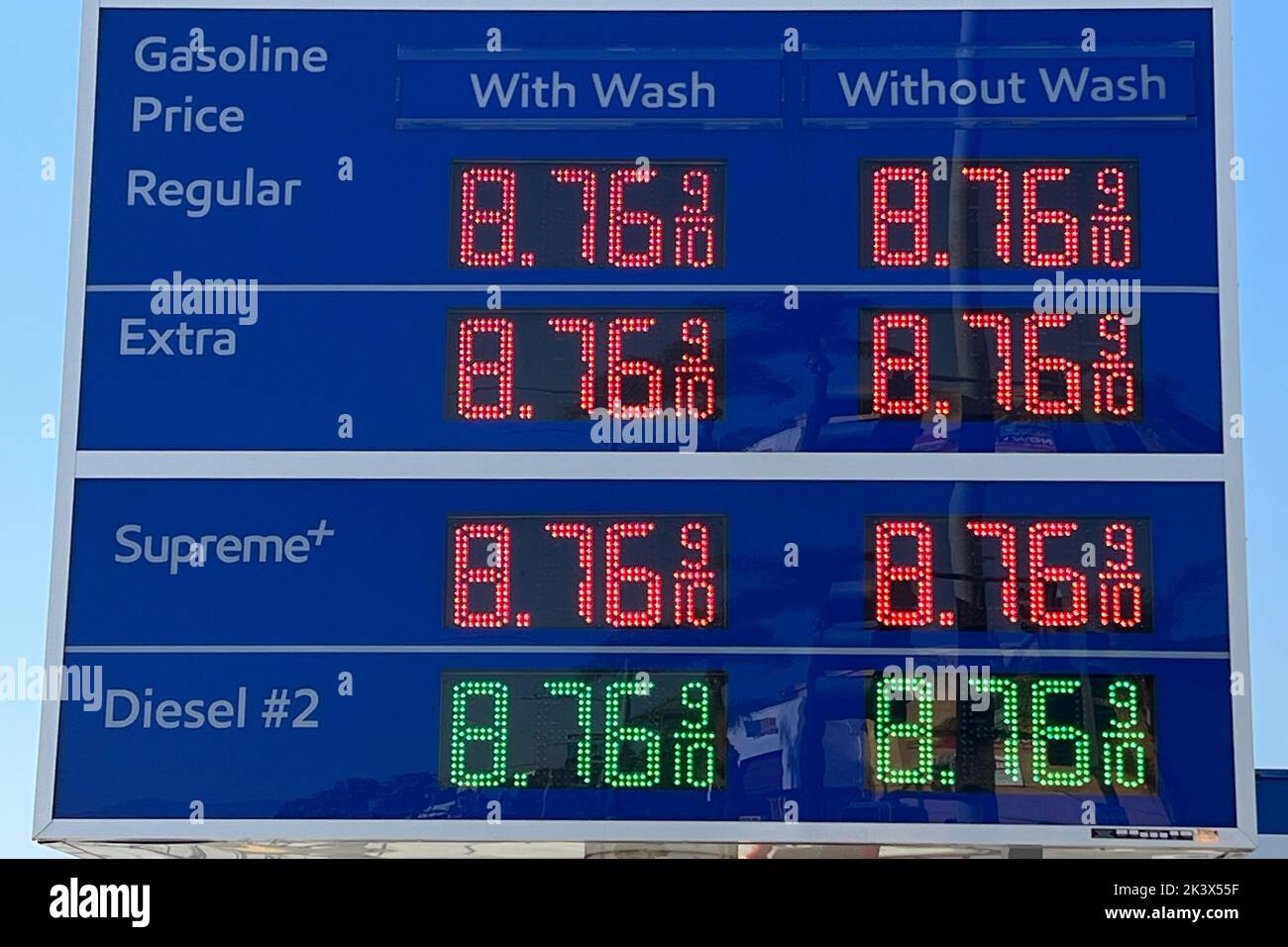 Gasoline prices of $8.76 per gallon are displayed at Mobil 7-Eleven gas ...