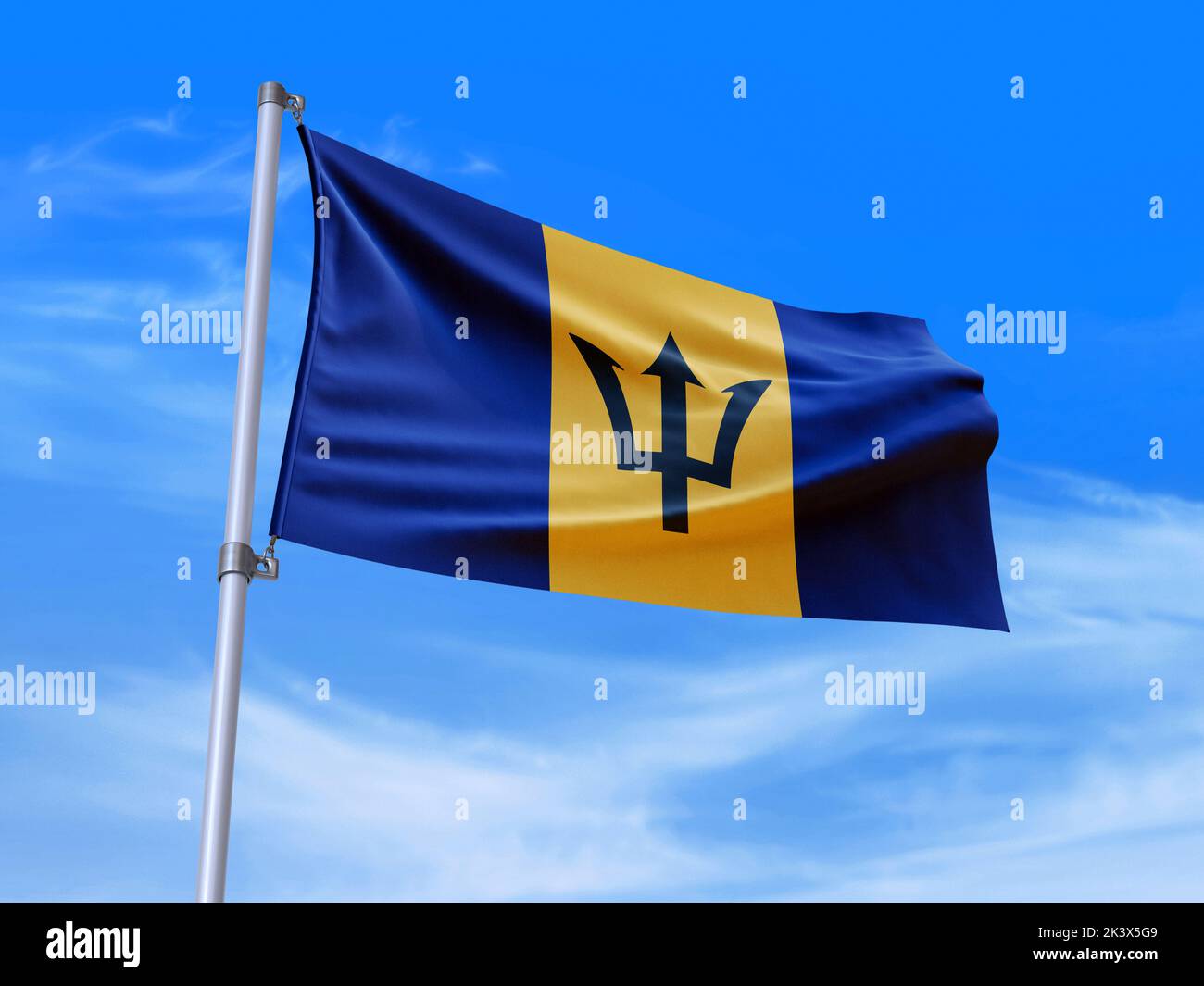 Beautiful Barbados flag waving in the wind with sky background - 3D ...