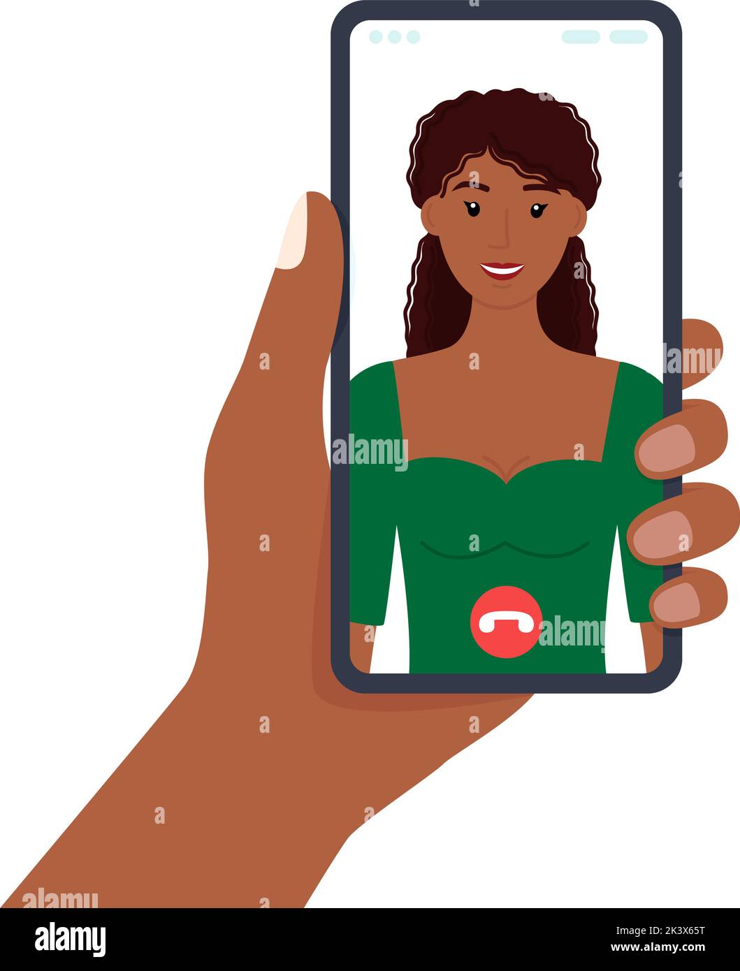 Hand holding phone. Smartphone screen with beautiful girl. Video call ...