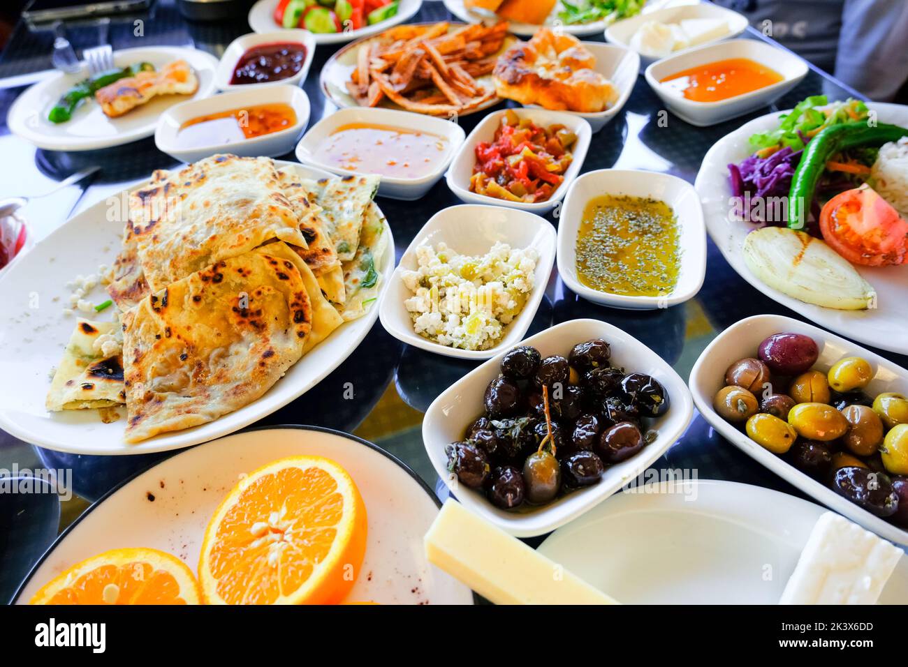 Traditional Turkish breakfast. Plates with various appetizers Stock ...