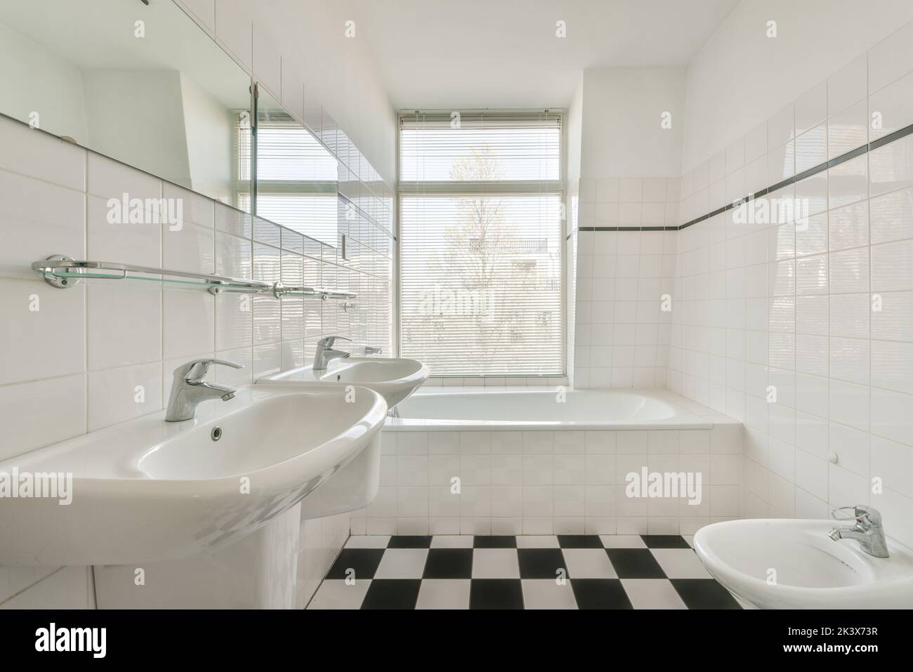 Modern home interior design of white bathroom with open bathtub and ...