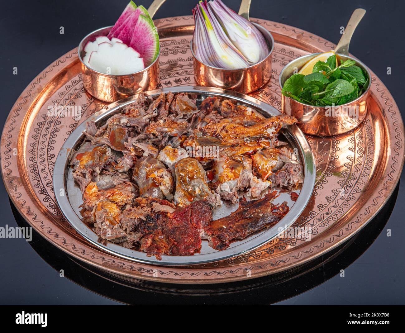 Turkey national cuisine dish Roasting lamb with meat. Roasted head of ...