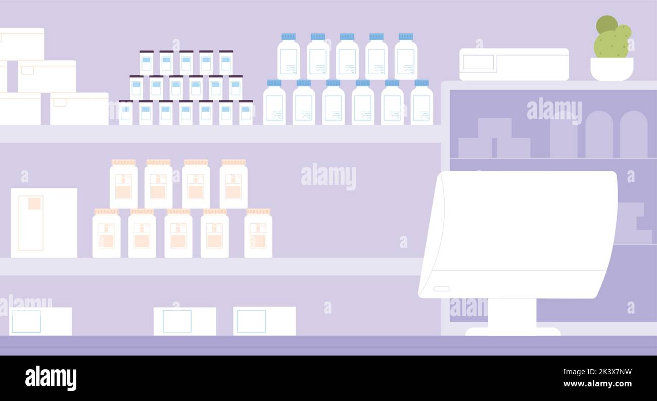 Pharmacy interior. Store cashier with drugs on shelves background ...