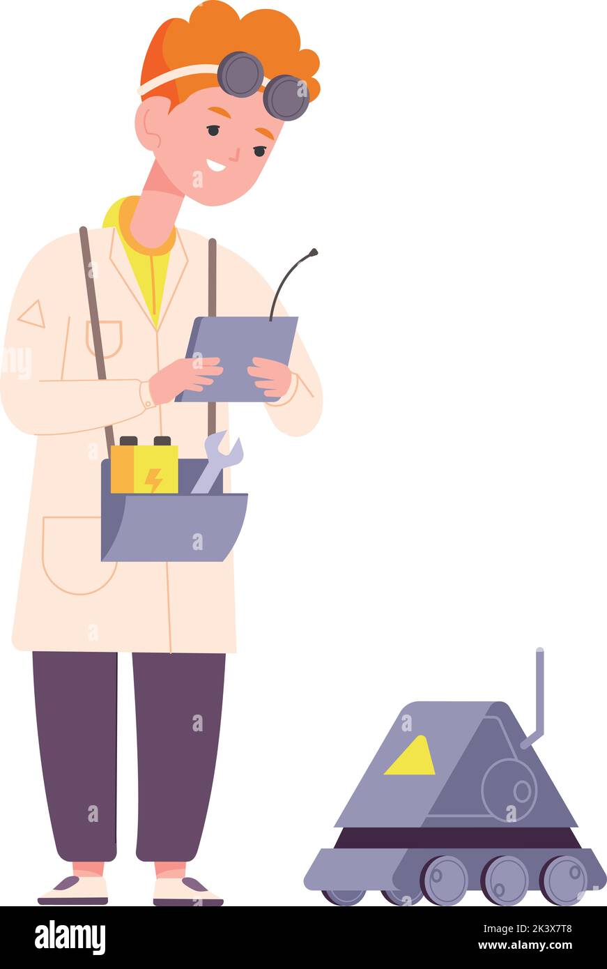 Kid engineer with robot. Boy testing space rover bot isolated on white ...