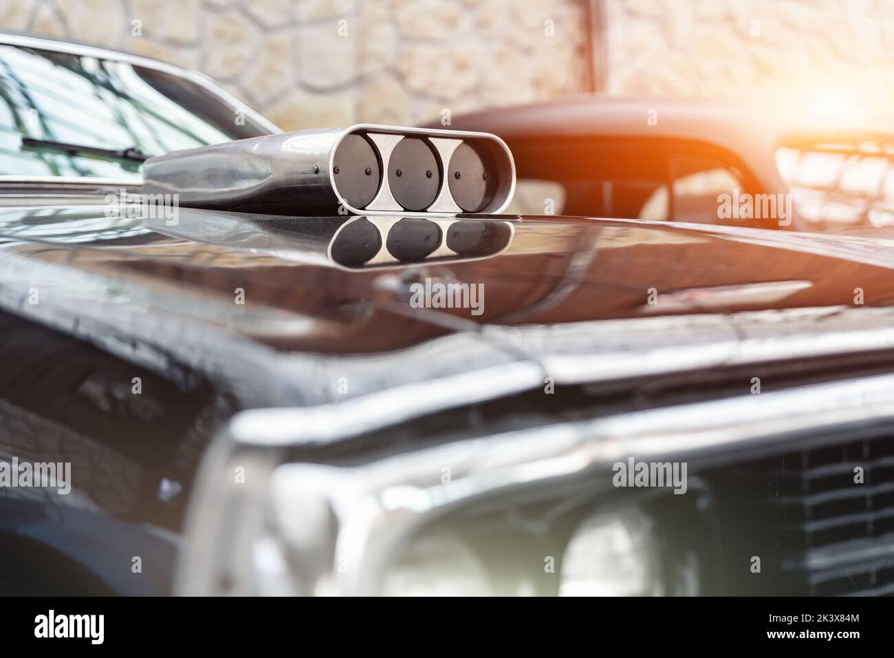 Close-up detail view of old classic vintage retro american supercharged ...