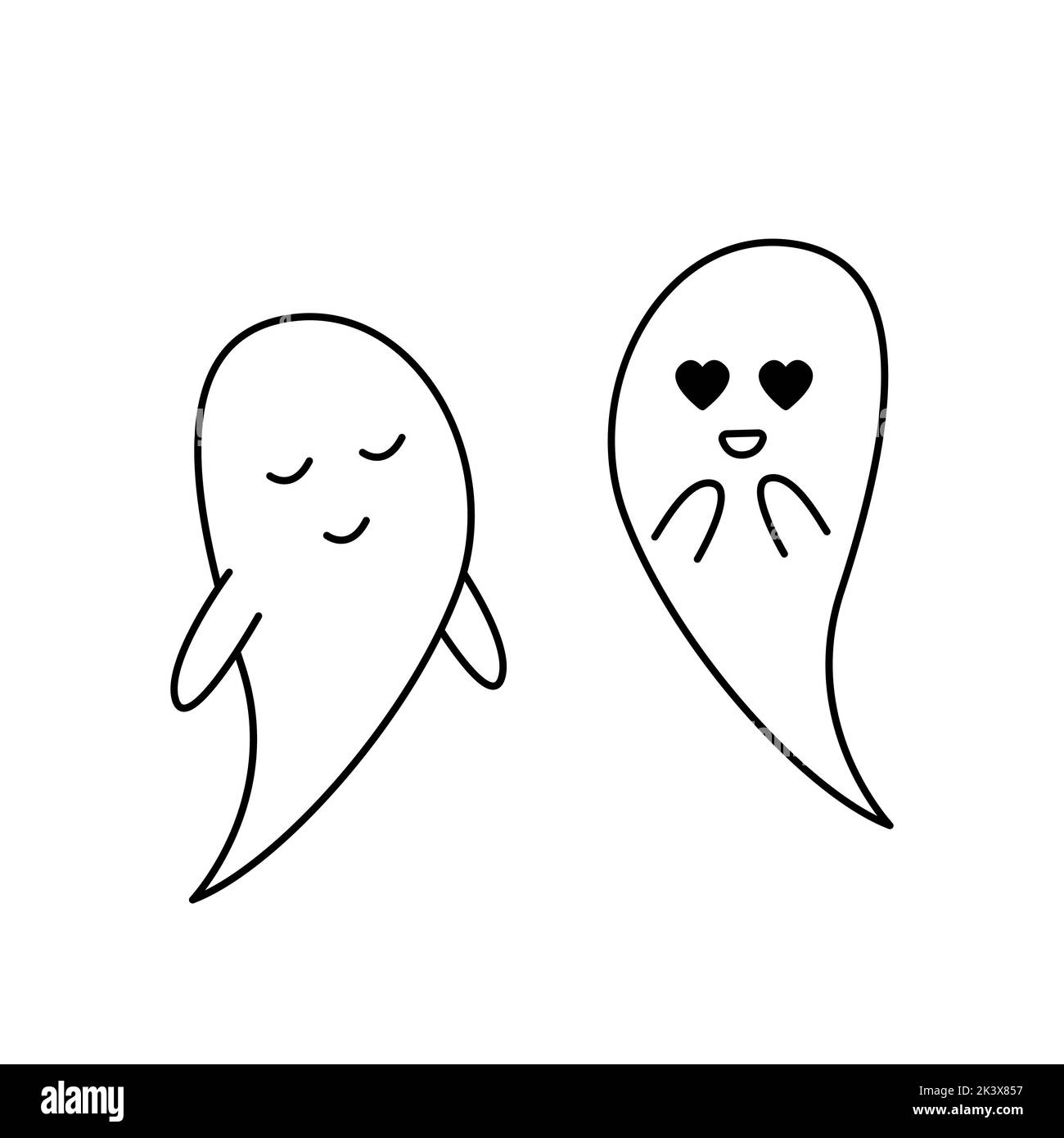 Couple cute ghosts. Halloween cartoon characters doodle. Hand drawn ...