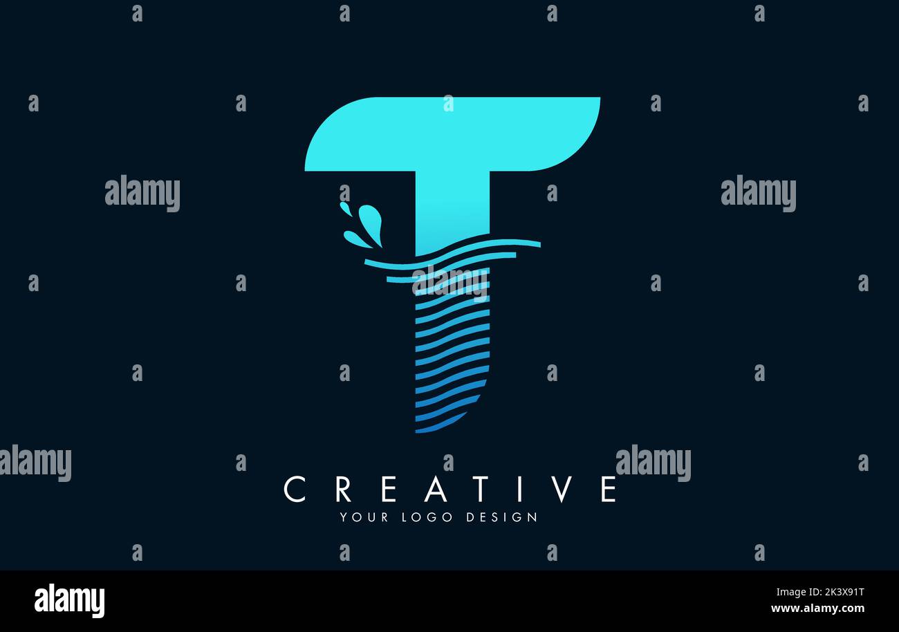 Blue T Letter Logo with Waves and Water Drops Design Vector ...