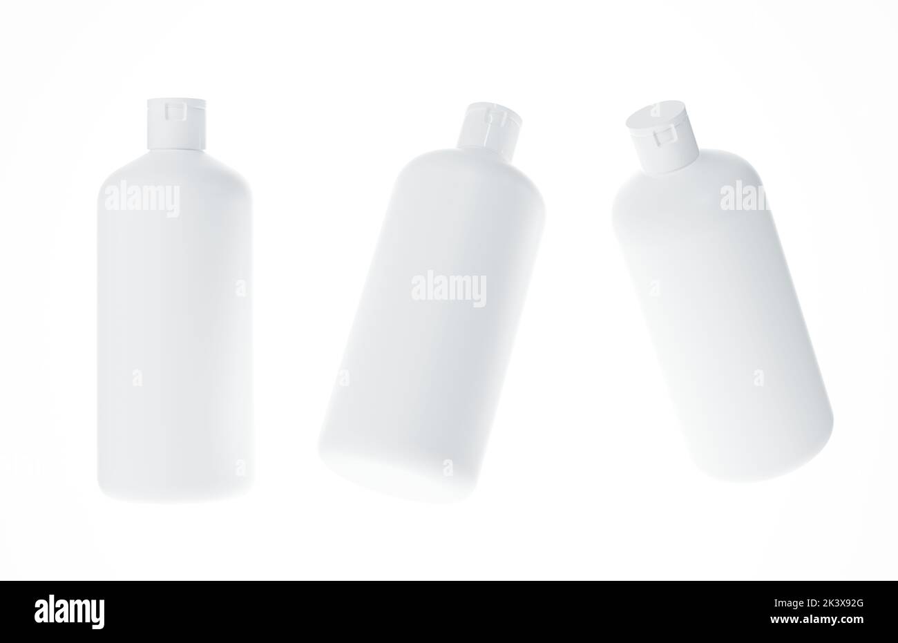 Different views of plastic shampoo bottle 3D render isolated on white ...