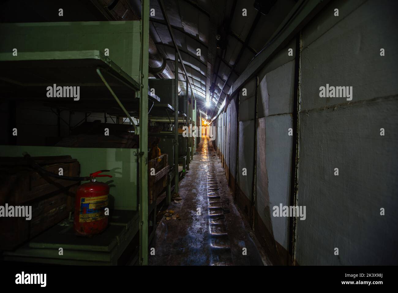 Old soviet bomb shelter. Sheltering room with wooden double-decker beds ...