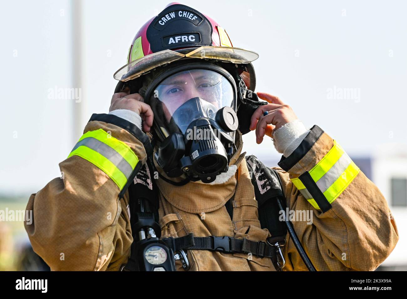 A firefighter from the 507th Civil Engineer Squadron (CES) prepares to ...