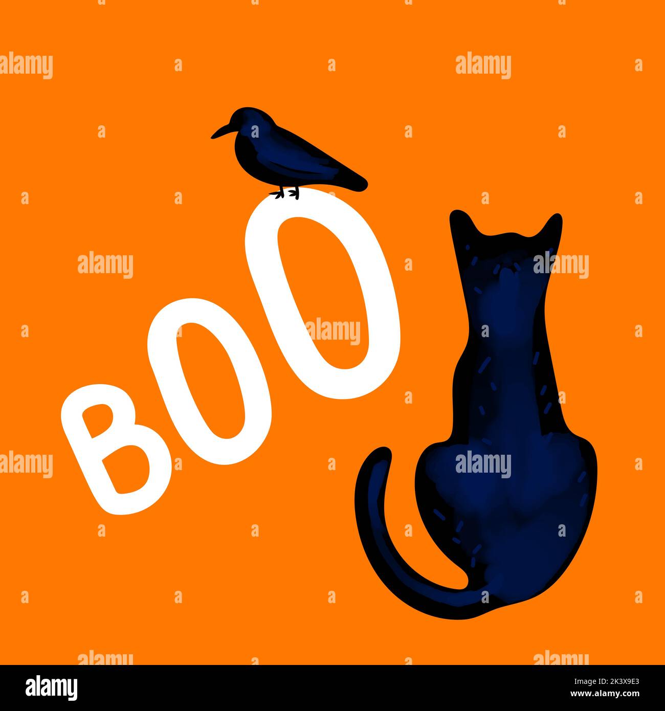Boo halloween illustration with black cat and crow on orange background ...