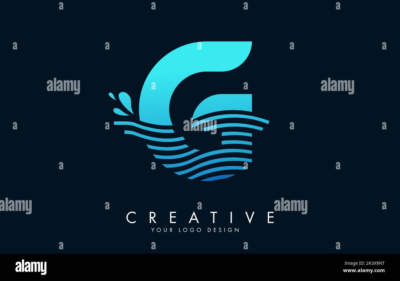 Blue G Letter Logo with Waves and Water Drops Design Vector ...