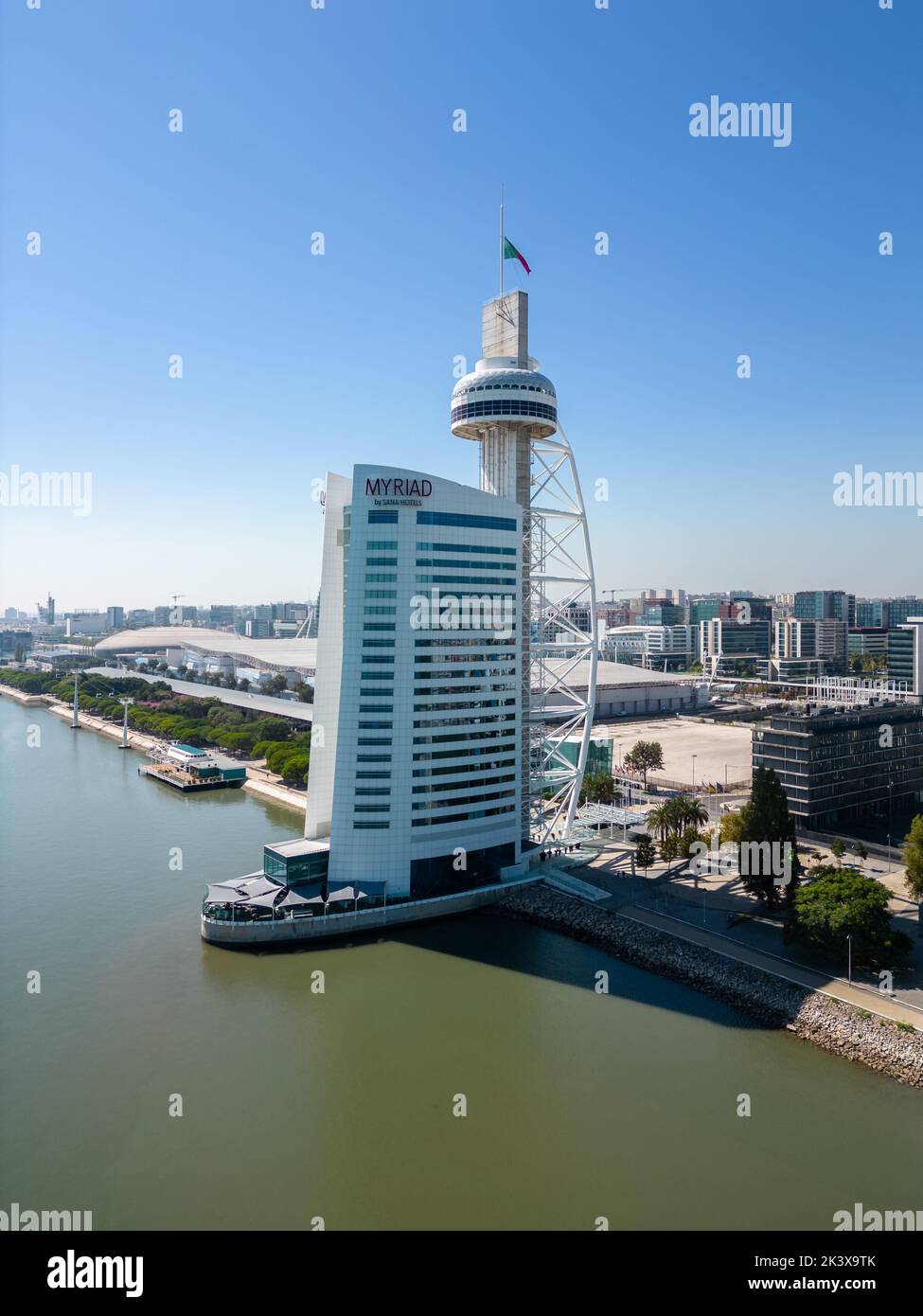 Aerial footage of the Vasco da Gama Tower at Park of The Nations in ...