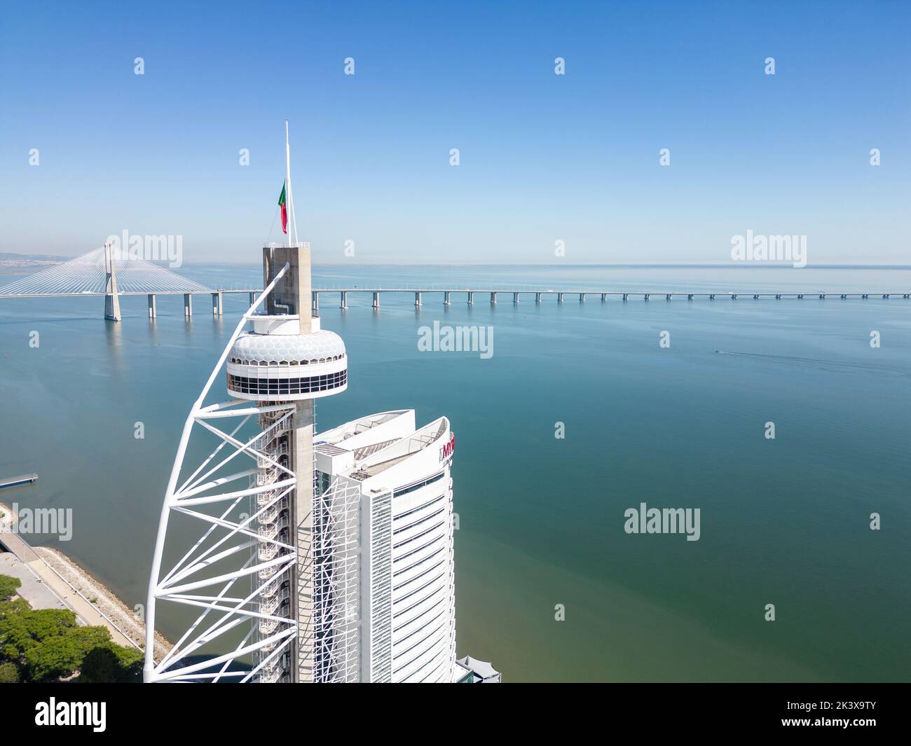 Aerial footage of the Vasco da Gama Tower at Park of The Nations in ...