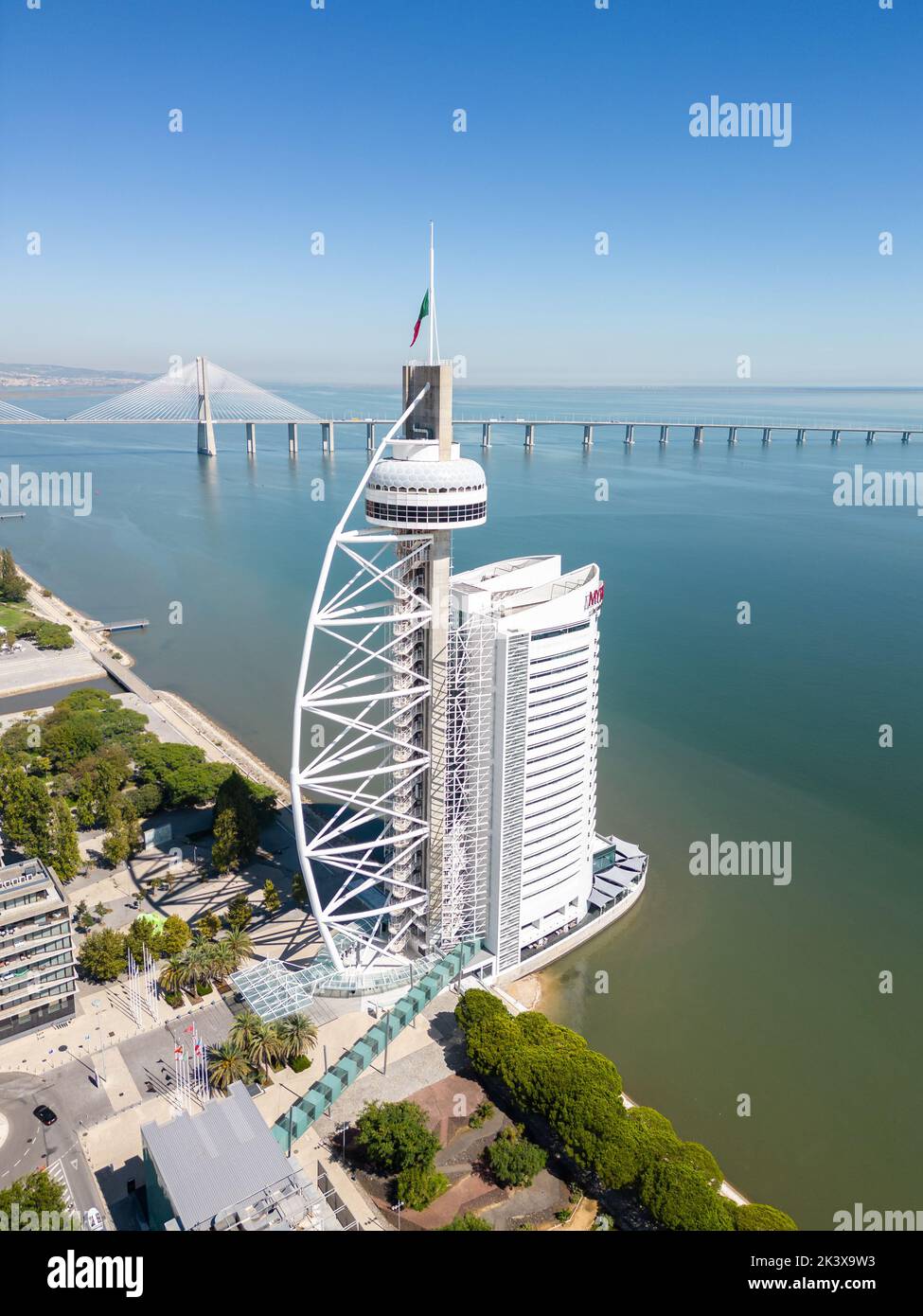 Aerial footage of the Vasco da Gama Tower at Park of The Nations in ...