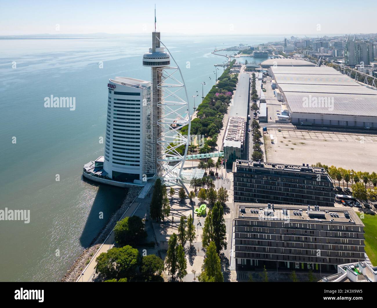 Aerial footage of the Vasco da Gama Tower at Park of The Nations in ...