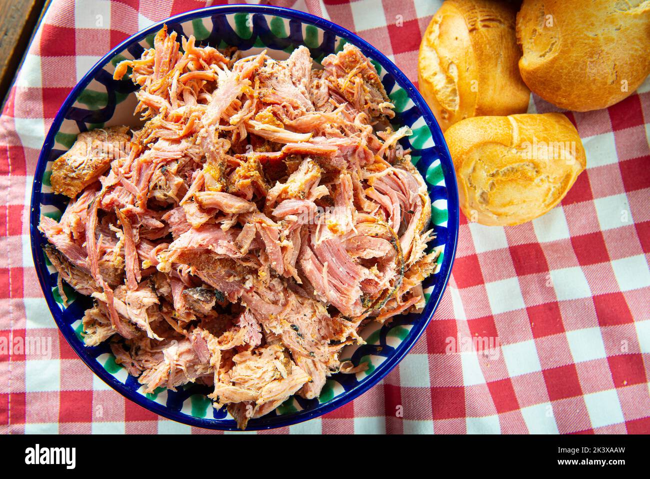 Pulled pork with vinegar barbecue sauce american style Stock Photo - Alamy