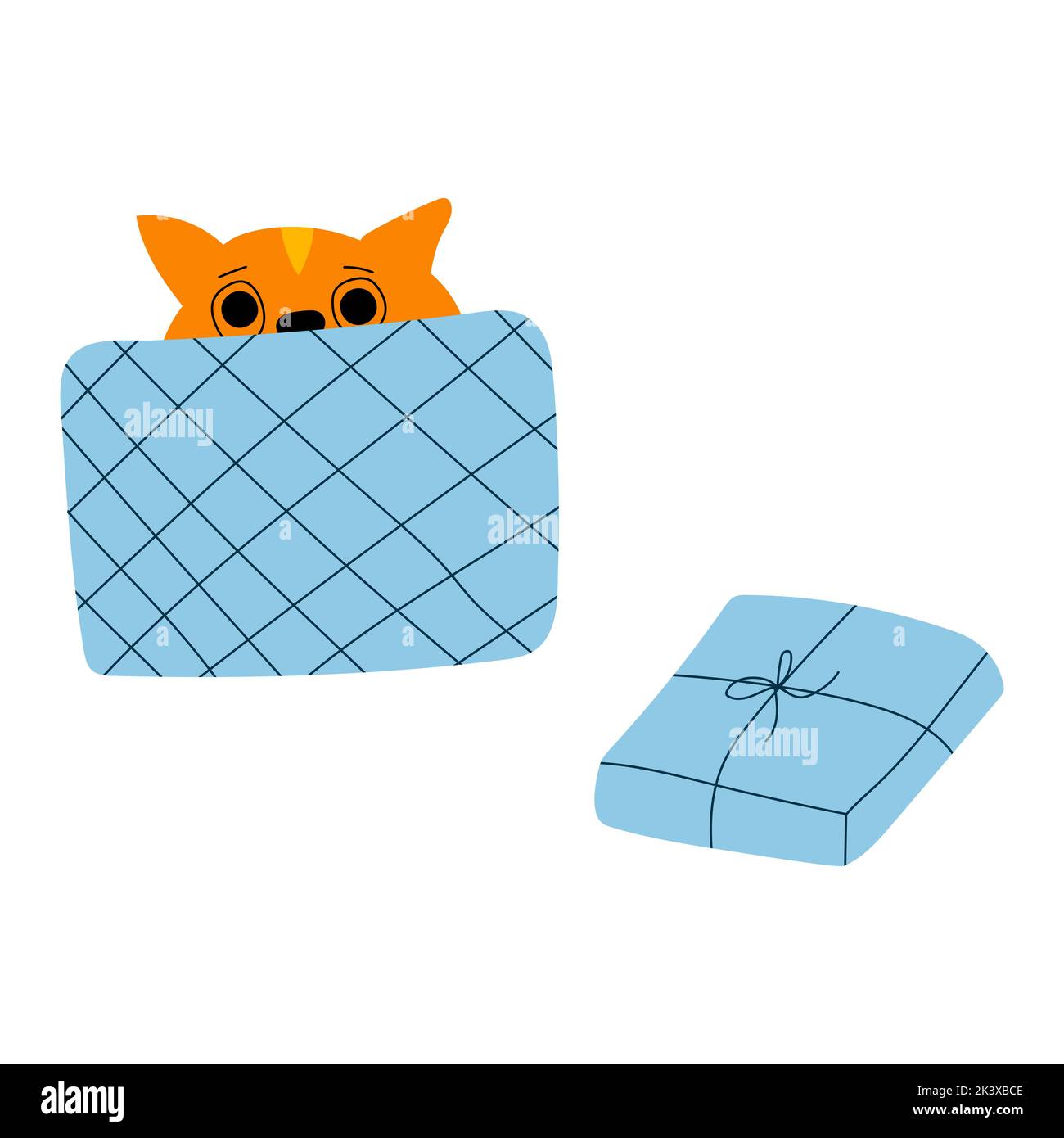 Vector illustration of ginger cat inside opened blue gift box in ...