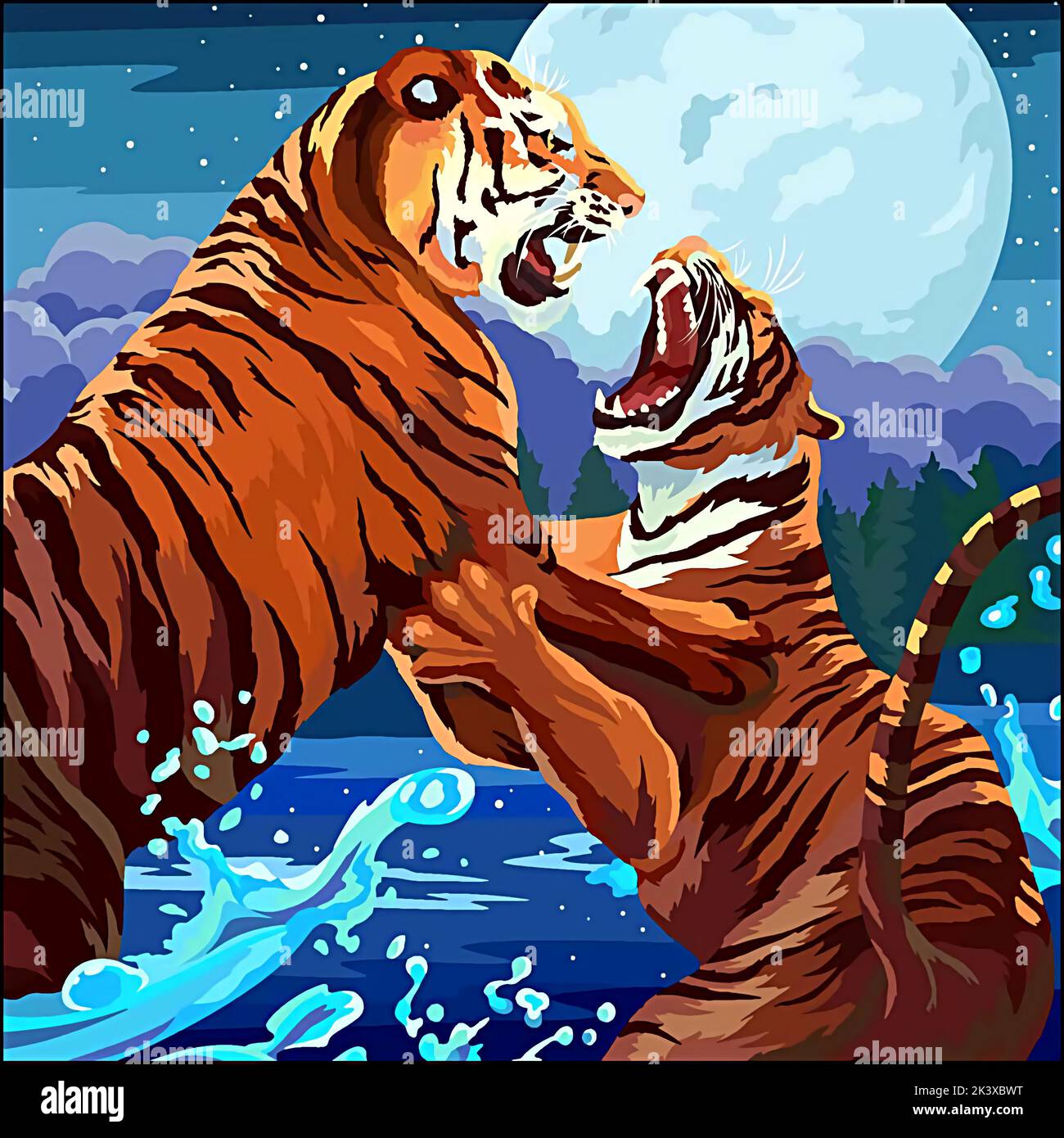 picture of two tigers fighting on the water at night Stock Photo - Alamy