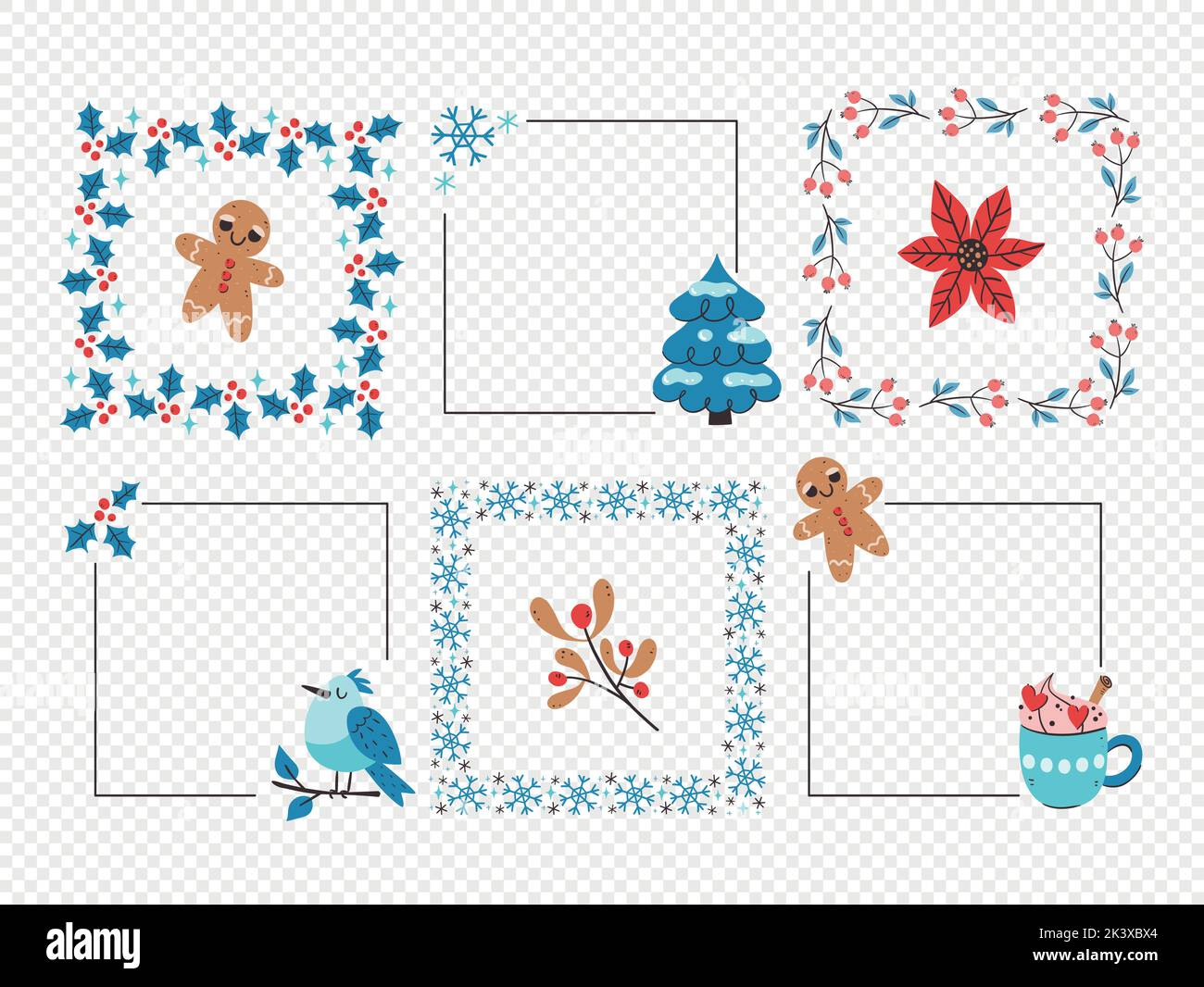 Winter decorative frames. Collection of six cute frames isolated on ...
