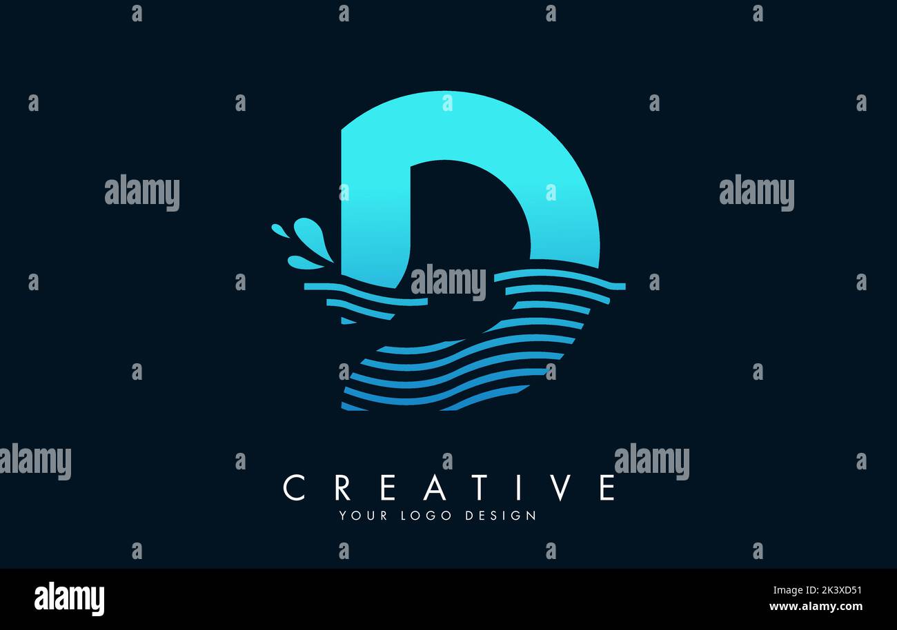 Blue D Letter Logo with Waves and Water Drops Design Vector ...