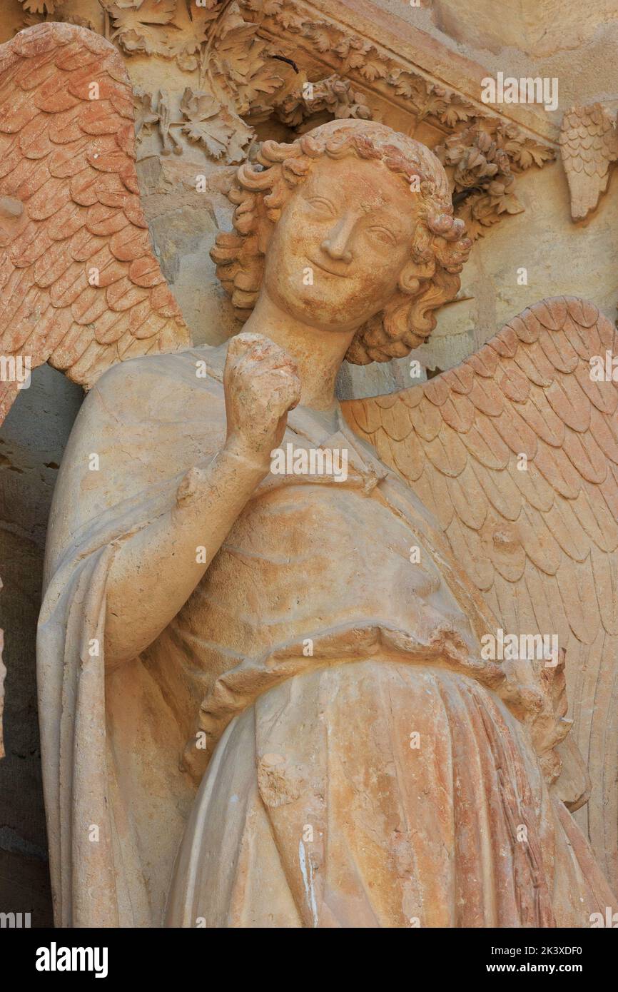 The Smiling Angel (Smile of Reims), carved between 1236-1245, on the ...