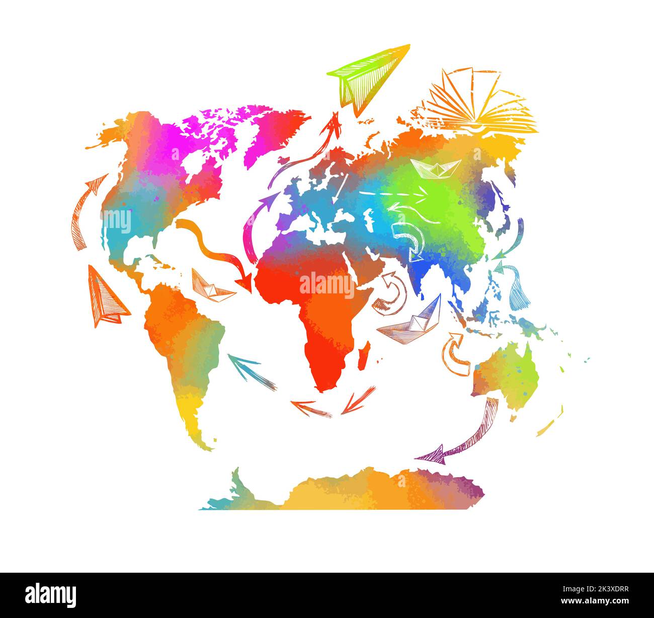 World map colorful silhouette with arrows abstraction. Vector ...