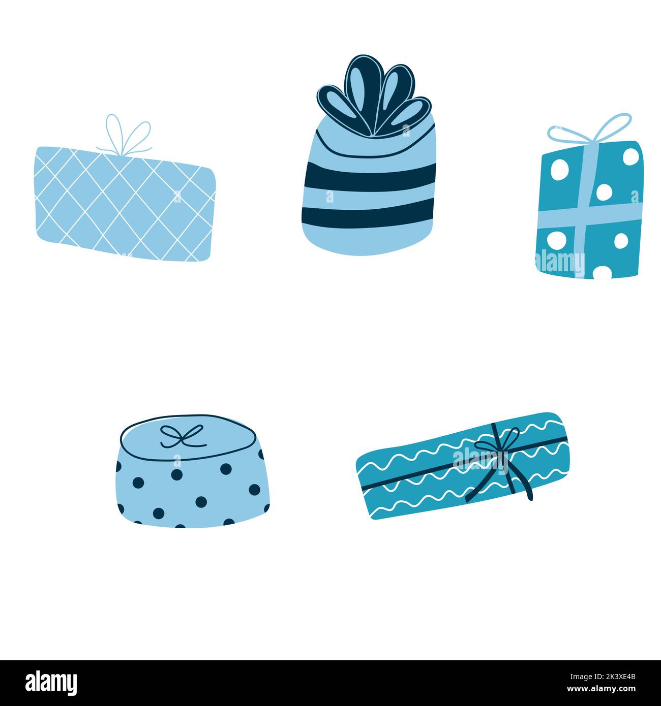 Set of cute gift boxes in blue and white colors. Vector illustration in ...