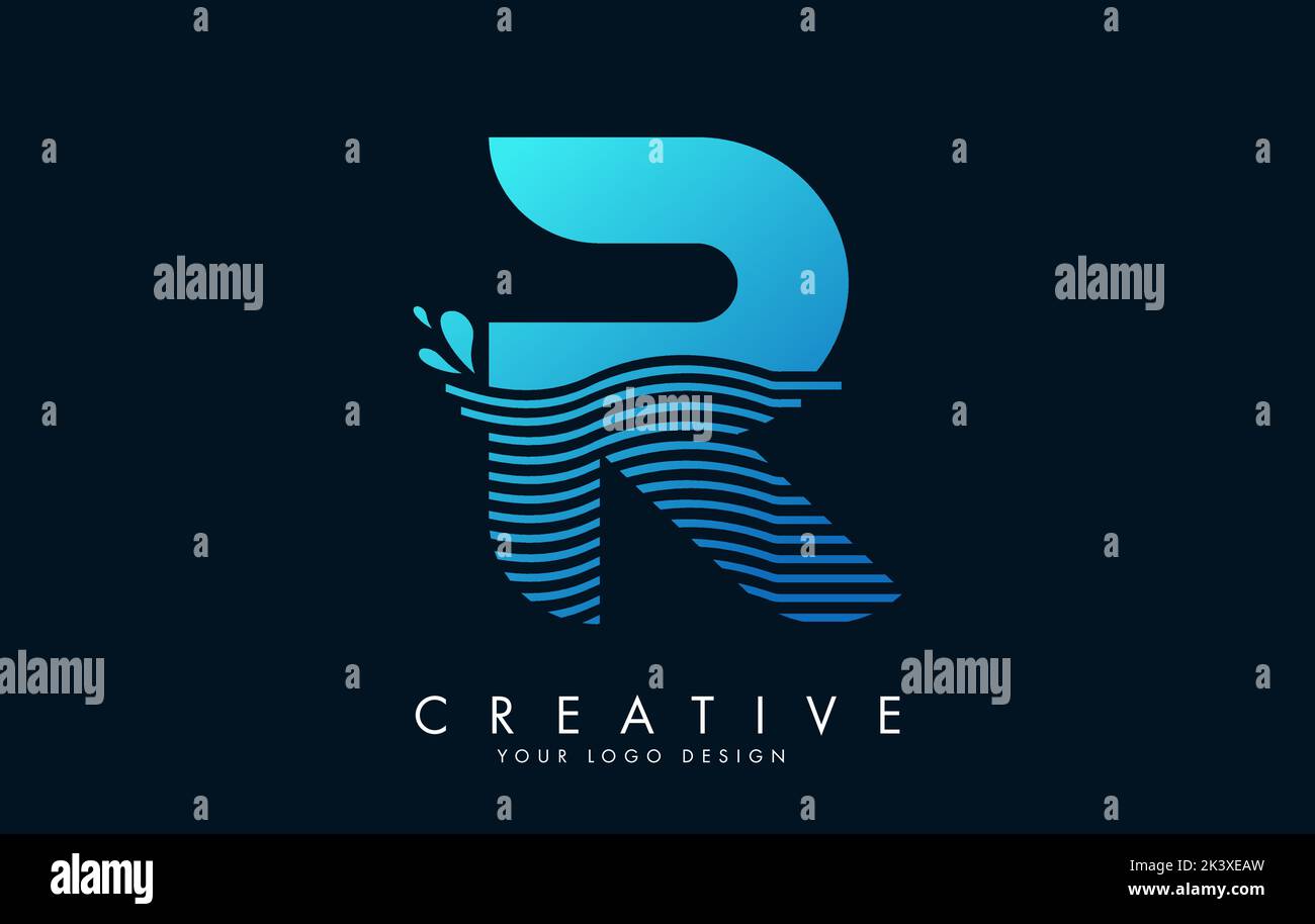 Blue R Letter Logo with Waves and Water Drops Design Vector ...