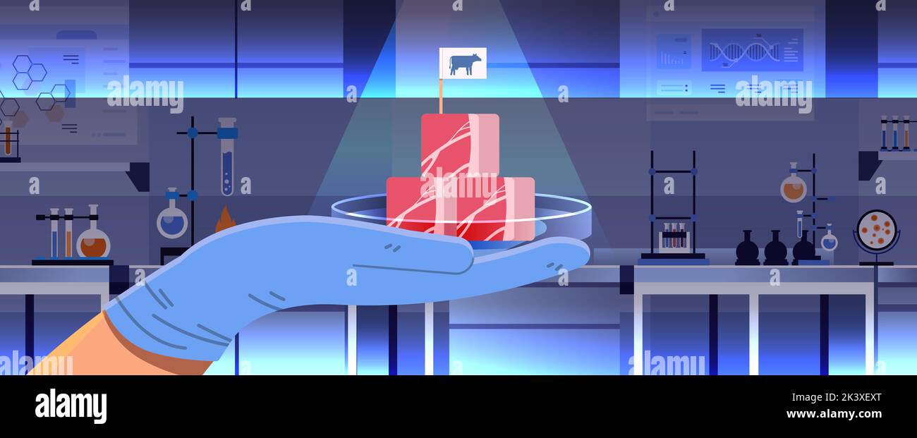 scientist hand holding cultured red raw meat made from animal cells ...