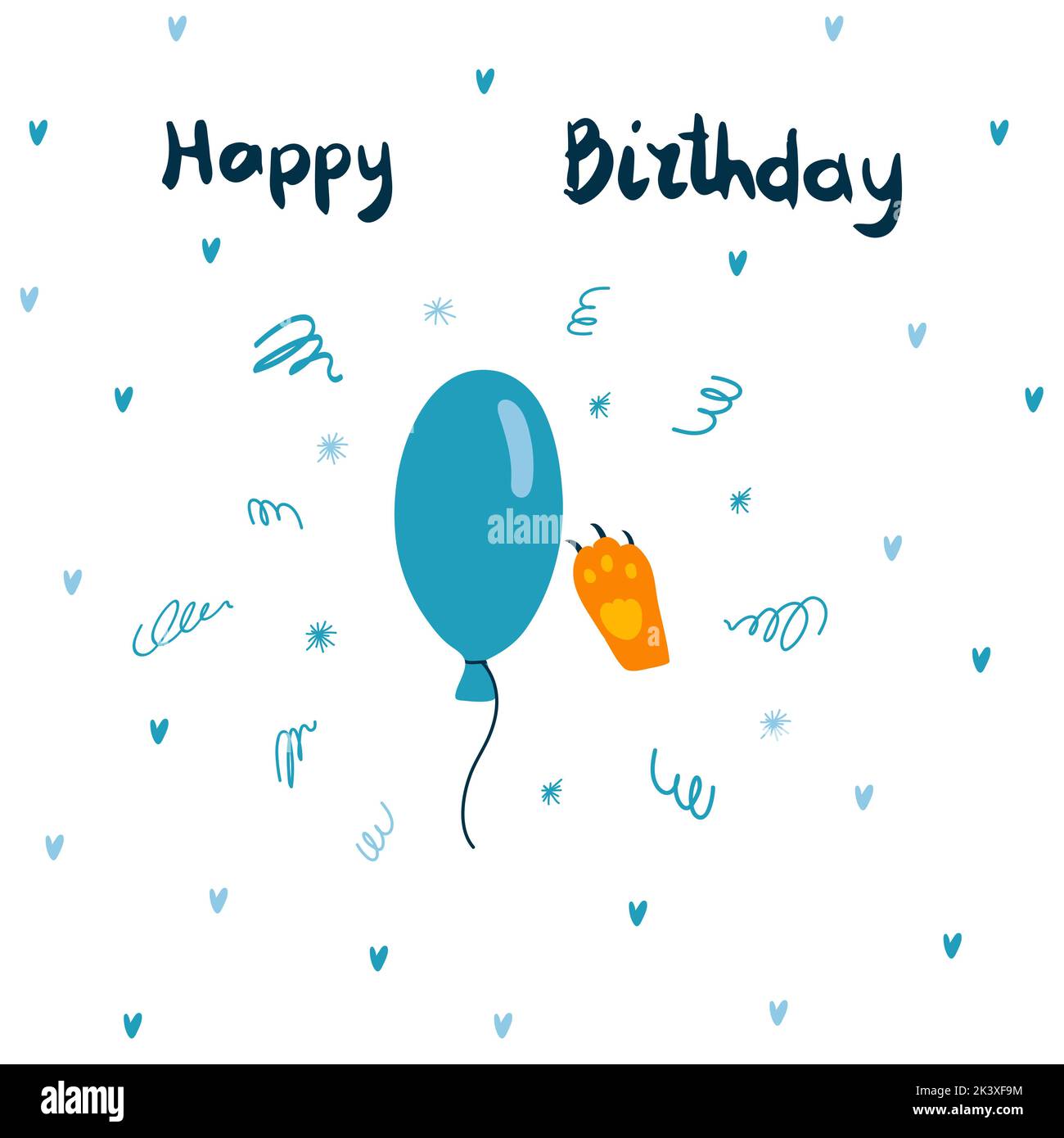 Vector greeting card with blue balloon and ginger cat paw and hand ...