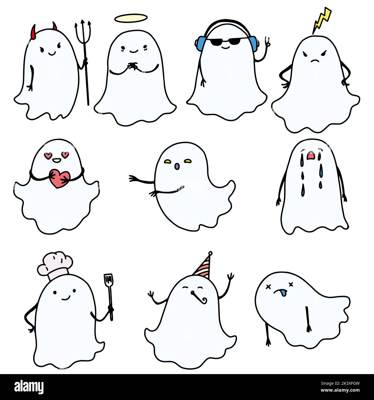 Funny Halloween Ghost Character Hand Drawn Doodle Ghost Face Emotion