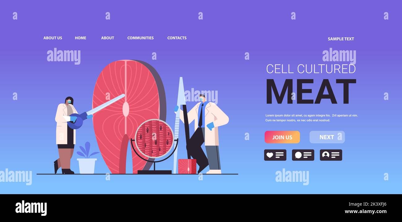 scientists analyzing cultured red raw fish meat made from animal cells ...