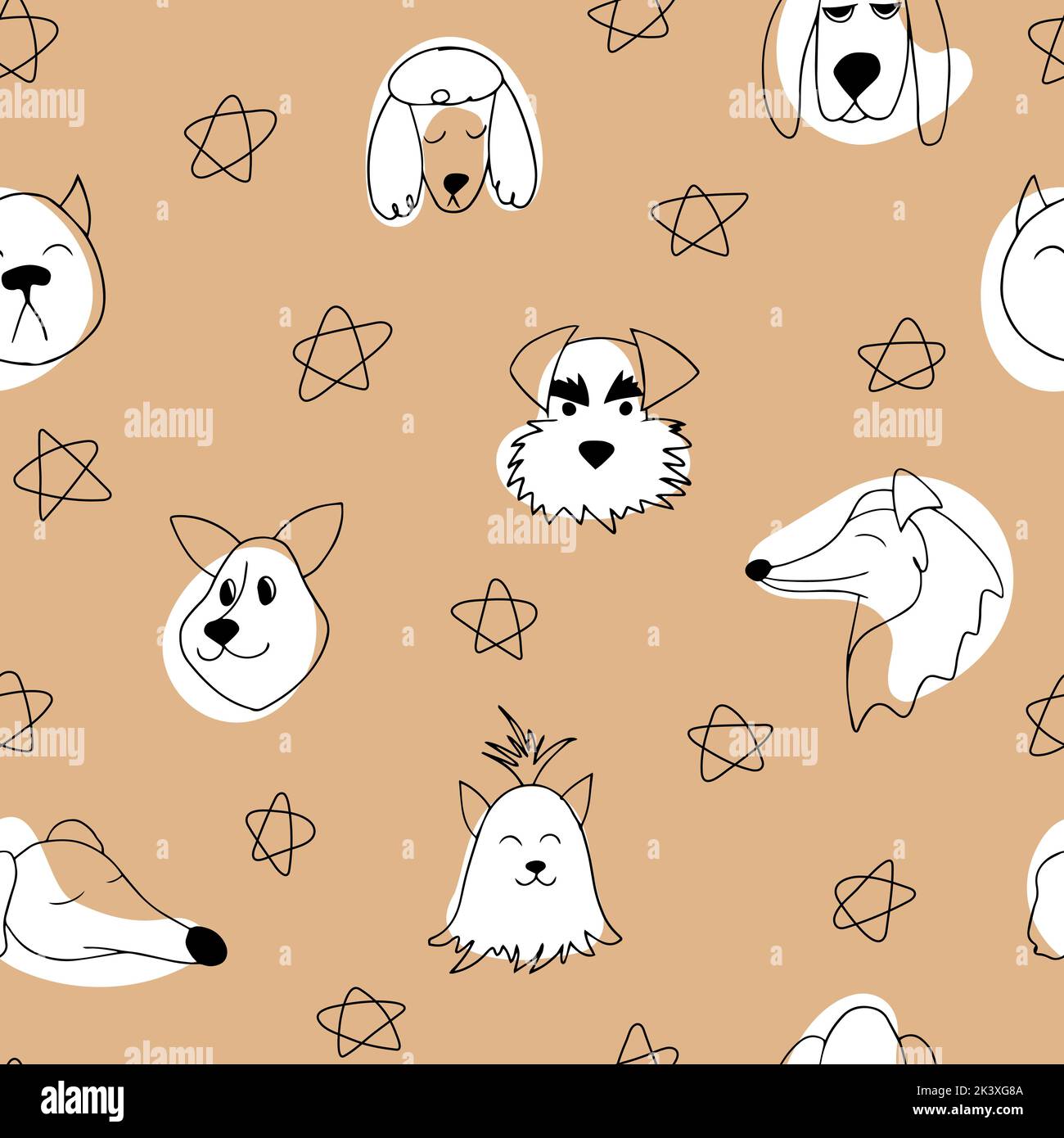 Vector seamless pattern with outline dogs of different breeds. Doodle ...