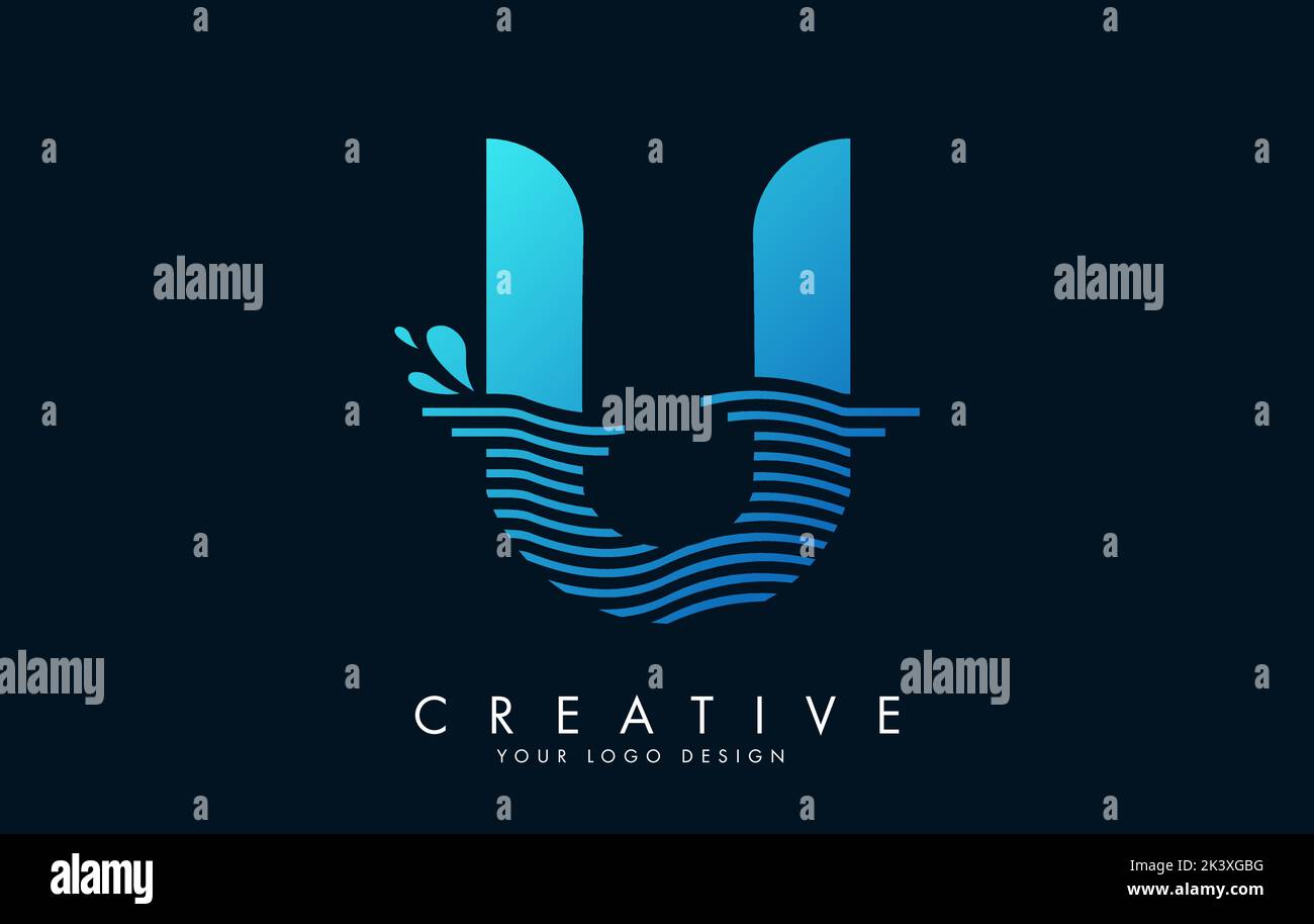 Blue U Letter Logo with Waves and Water Drops Design Vector ...