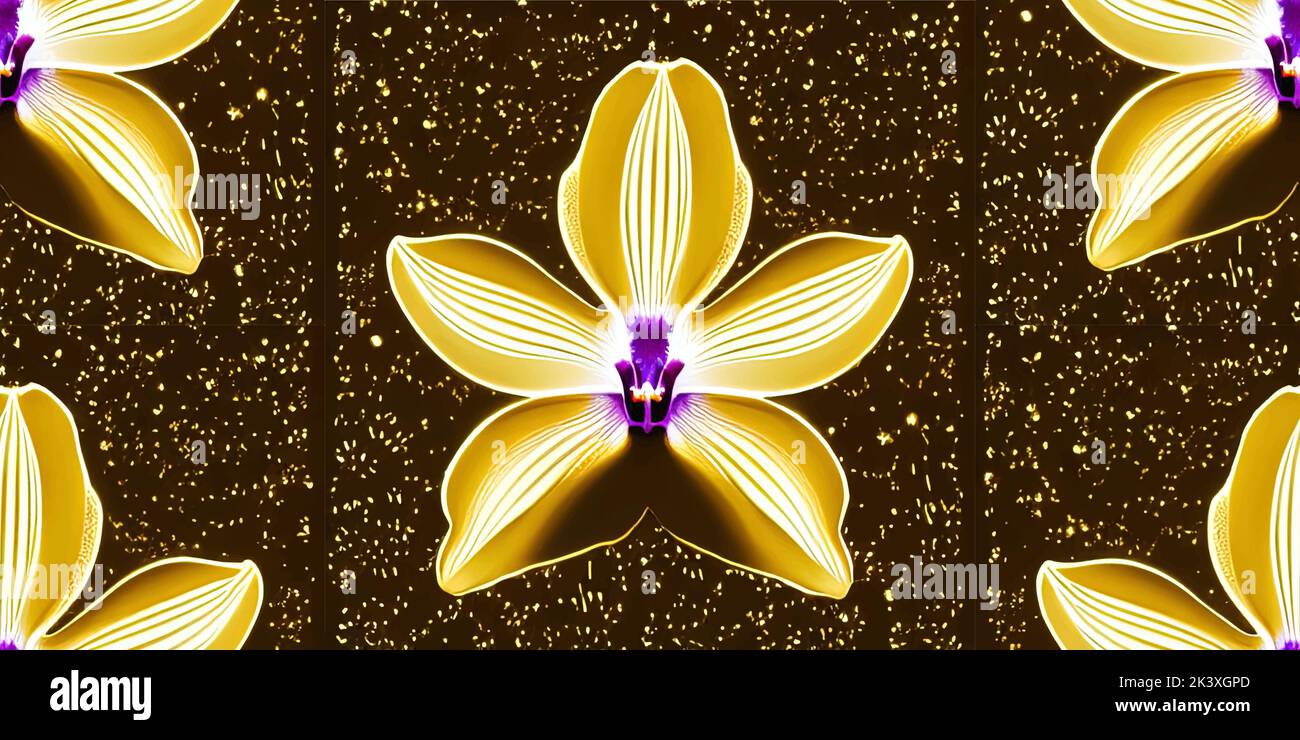 Seamless pattern of luxury orchid flowers on dark gold with glitter ...