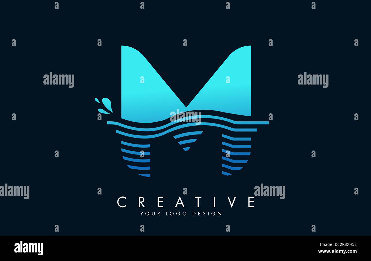 Blue M Letter Logo with Waves and Water Drops Design Vector ...