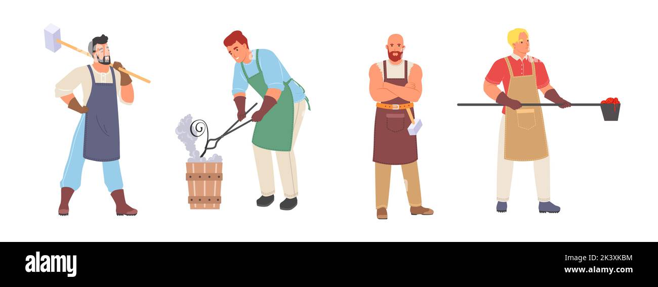 Blacksmith character at medieval forge vector cartoon set. Master smith ...