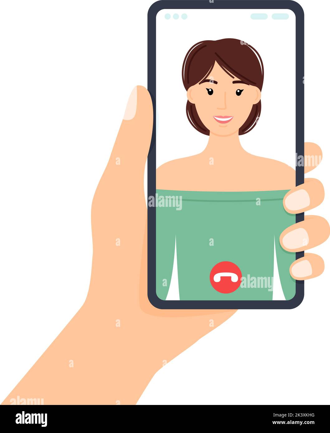 Hand holding phone. Smartphone screen with beautiful girl. Video call ...