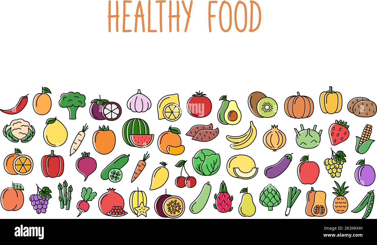 Background with color line icons of vegetables, fruits and berries ...