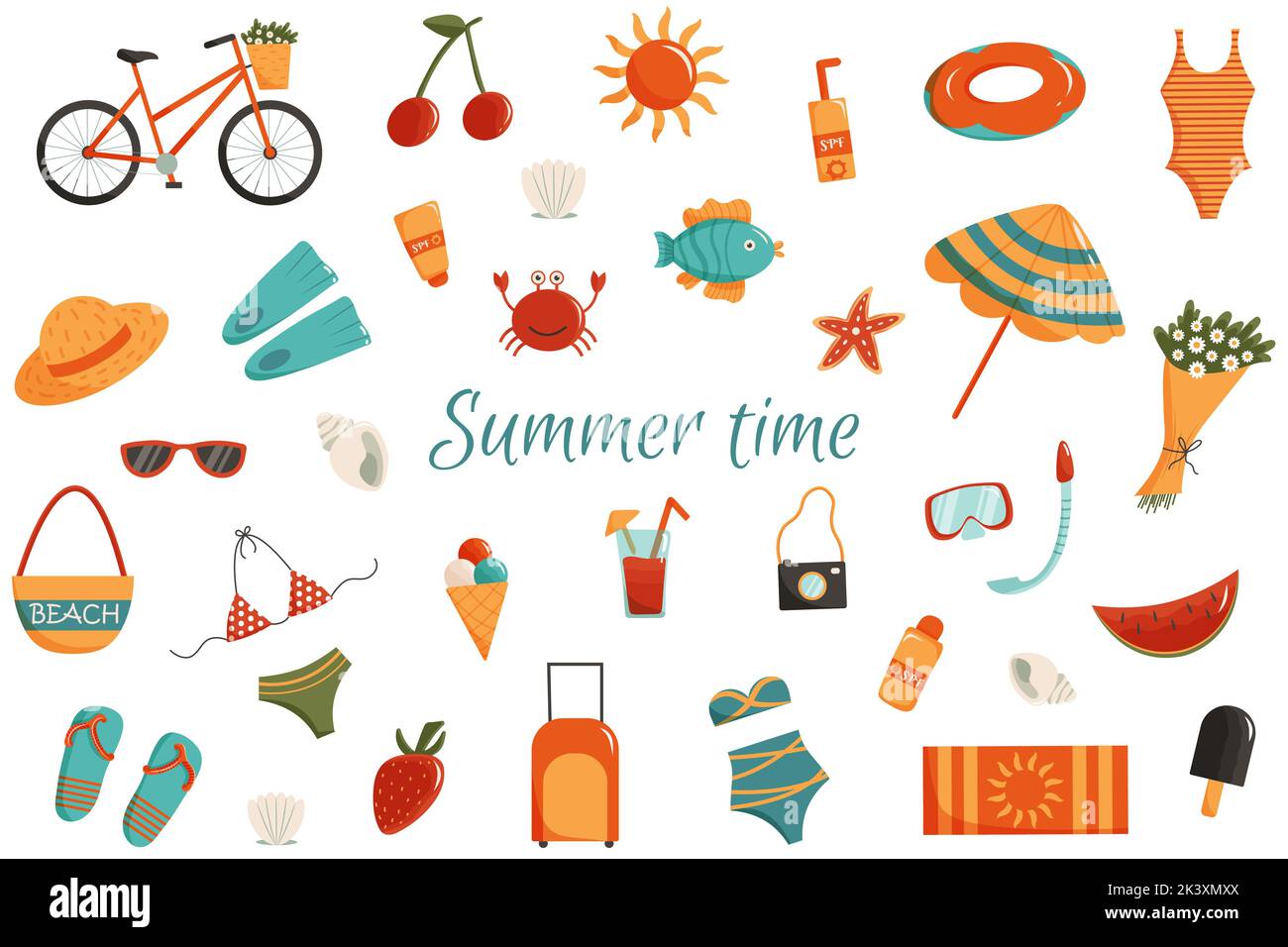 Summer time vector clip art. Set of summer clothes, fruits, beach and ...