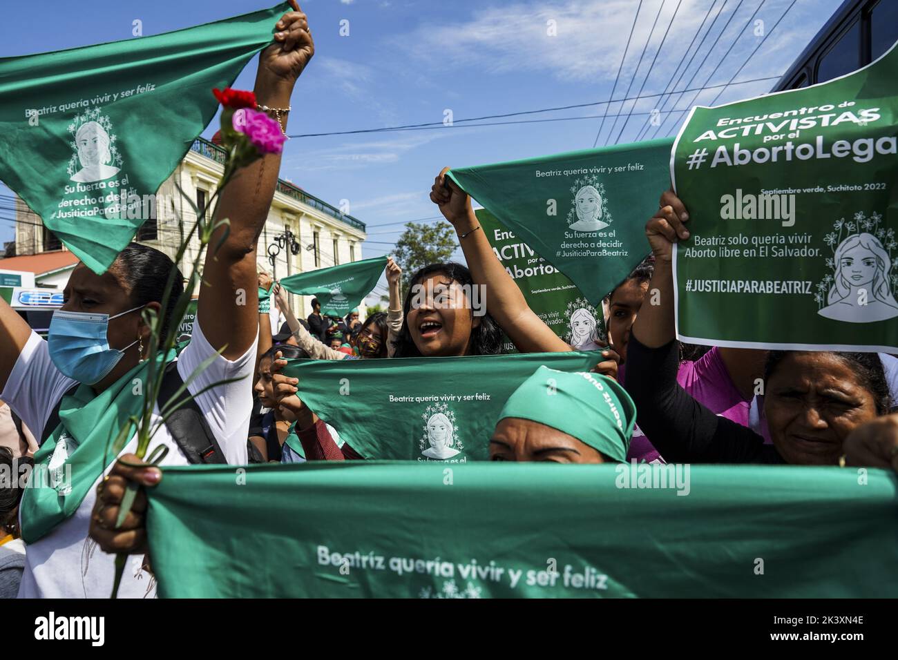 San Salvador, El Salvador. 28th Sep, 2022. Protesters chant slogans and ...
