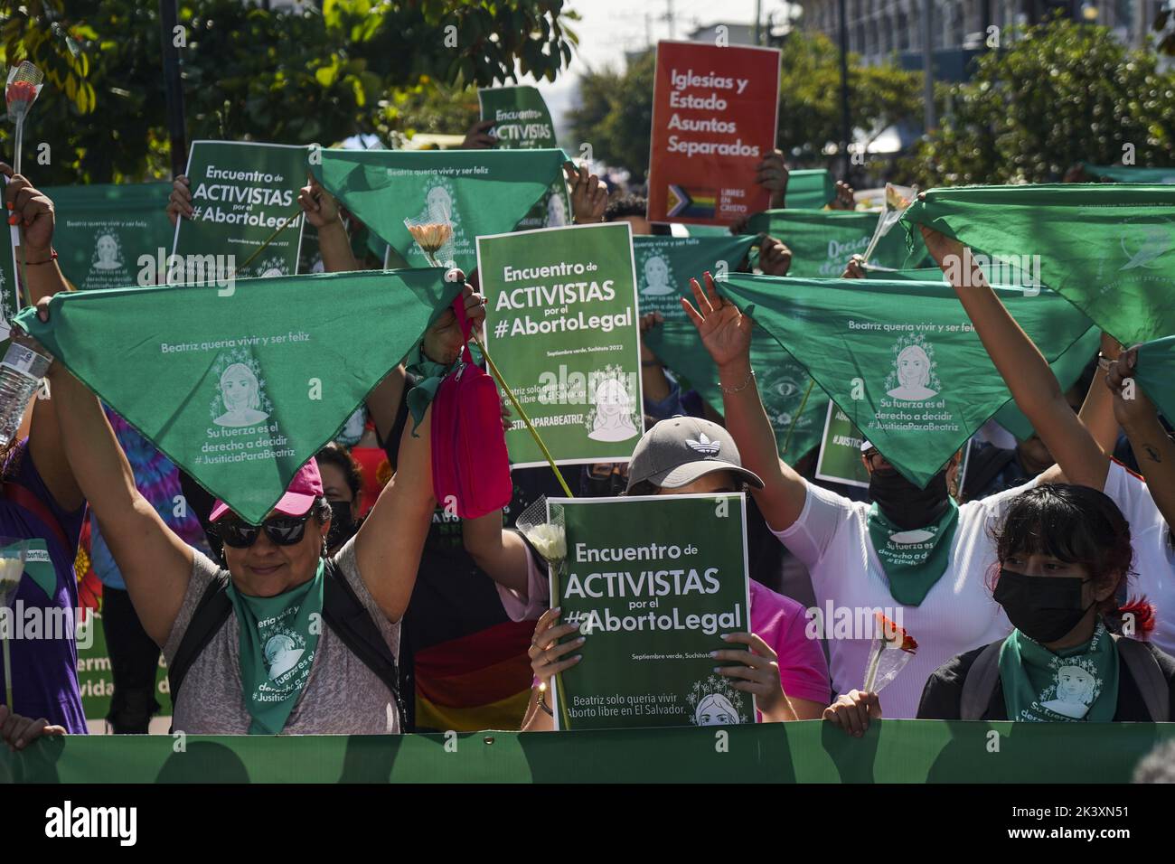 San Salvador, El Salvador. 28th Sep, 2022. Protesters chant slogans and ...