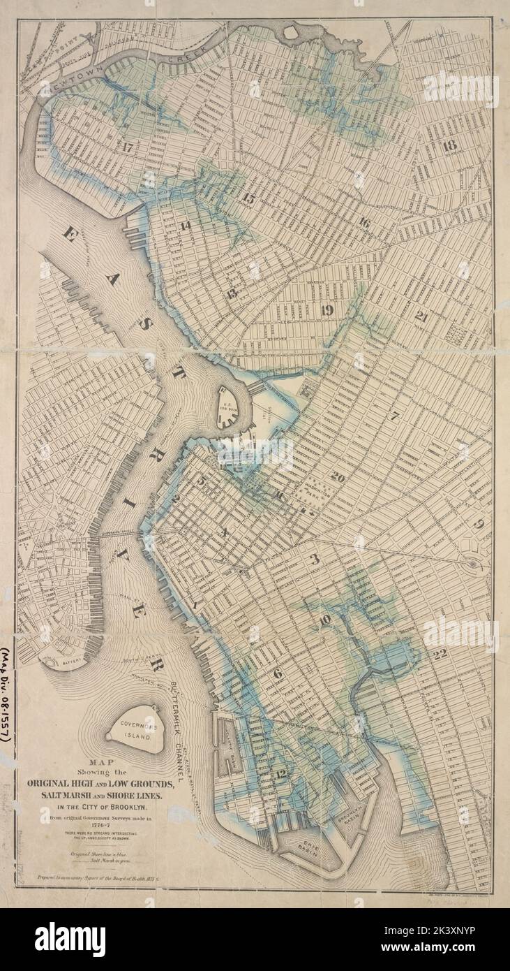 Map showing the original high and low grounds, salt marsh and shore ...